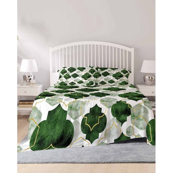 4 Piece Full Sheet Set Dark Green Geometric Moroccan Sheets Set for ...
