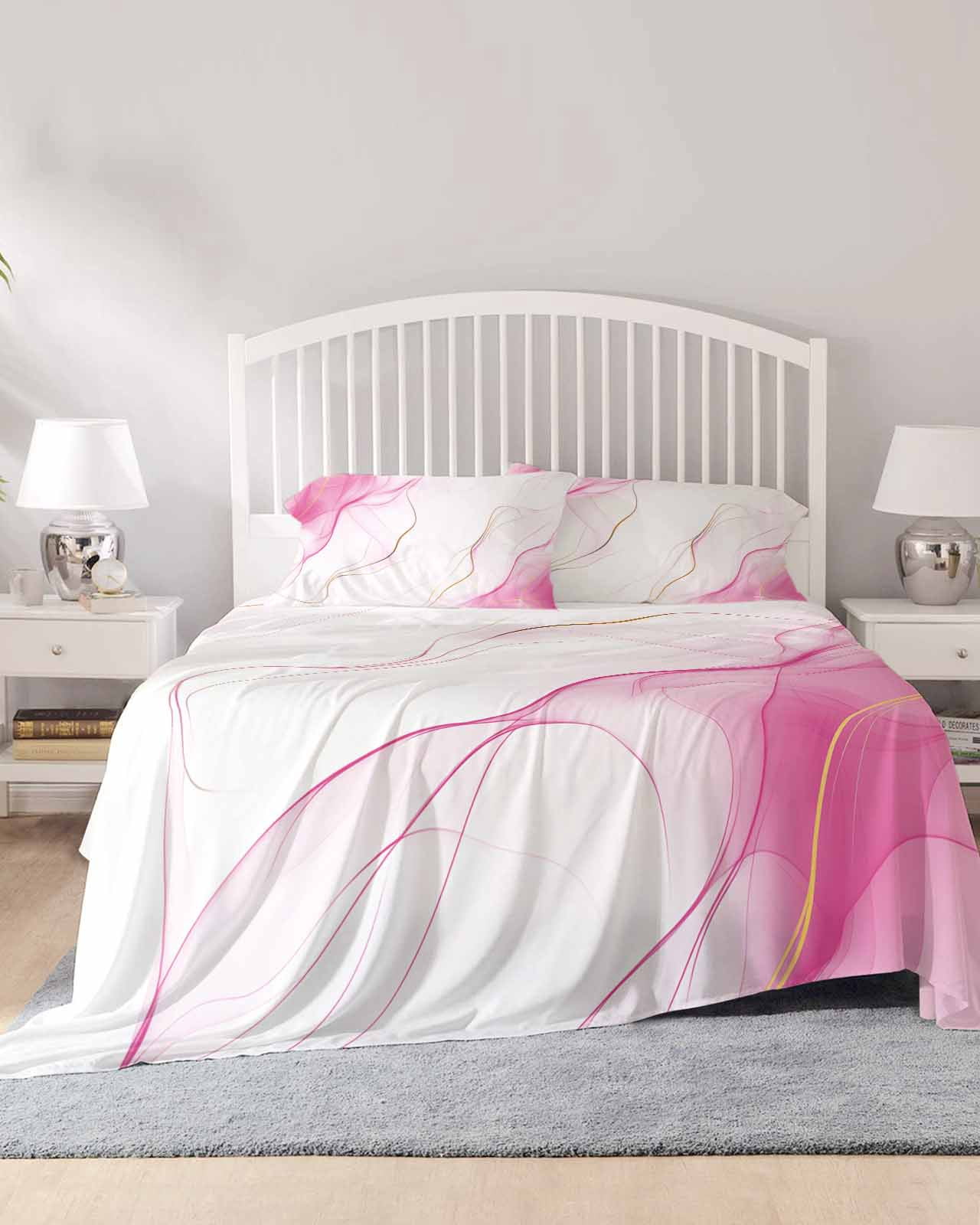 4 Piece Full Sheet Set Marble Pink Sheets Set For Full Size Bed