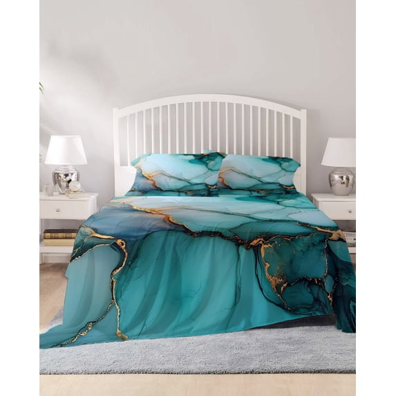 4 Piece Full Sheet Set Marble Turquoise Gold Sheets Set for Full Size ...