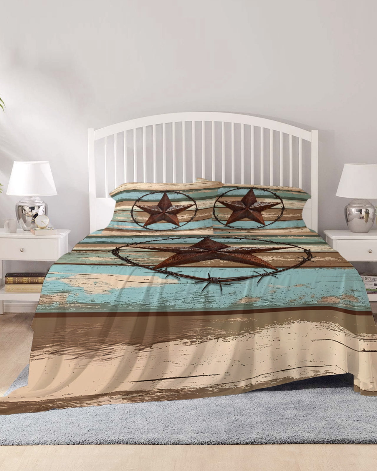4 Piece Full Sheet Set Teal Brown Texas Star Wooden Sheets Set for Full ...