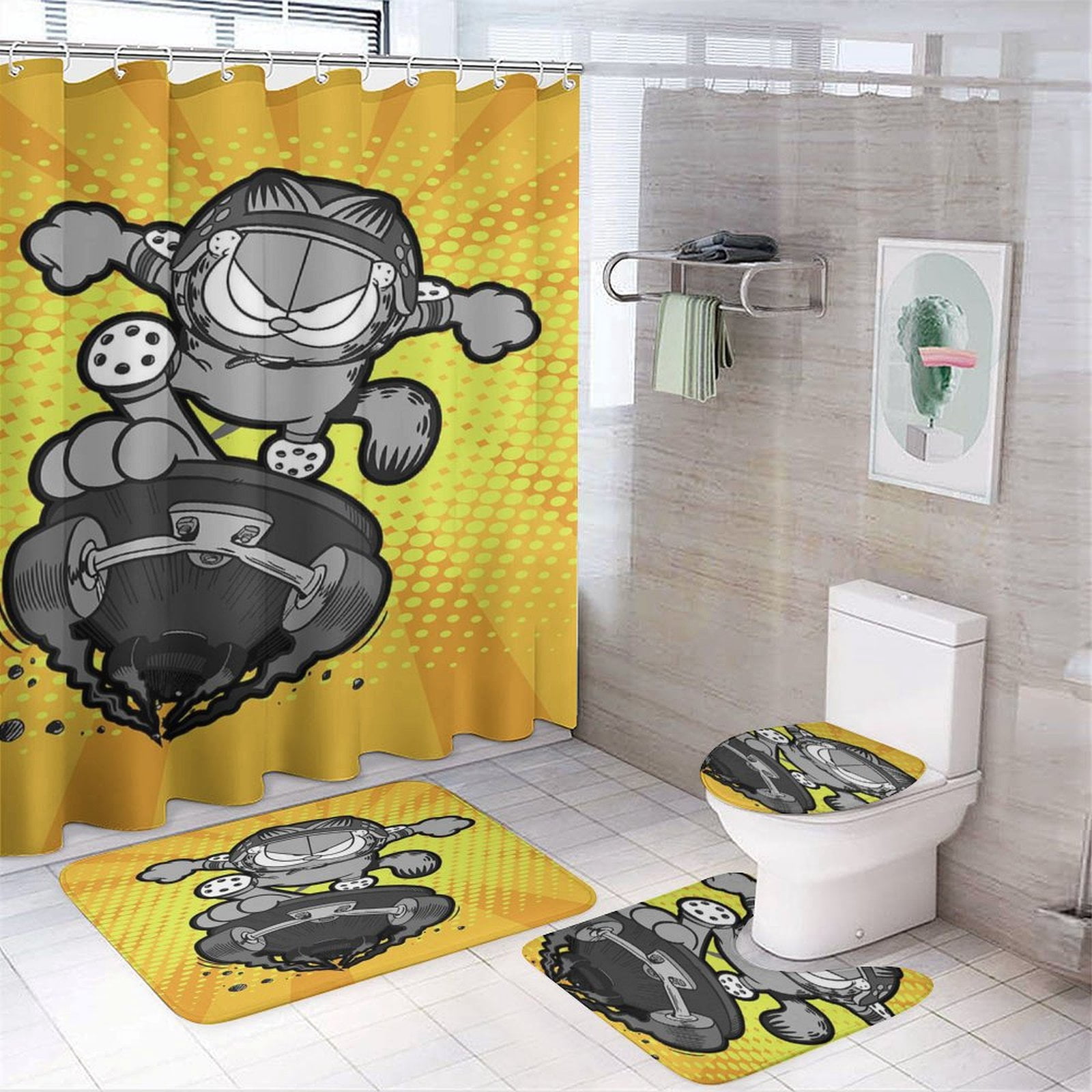 4 Piece Gar-Field Shower Curtain Sets, with 12 Hooks Non-Slip Rugs ...