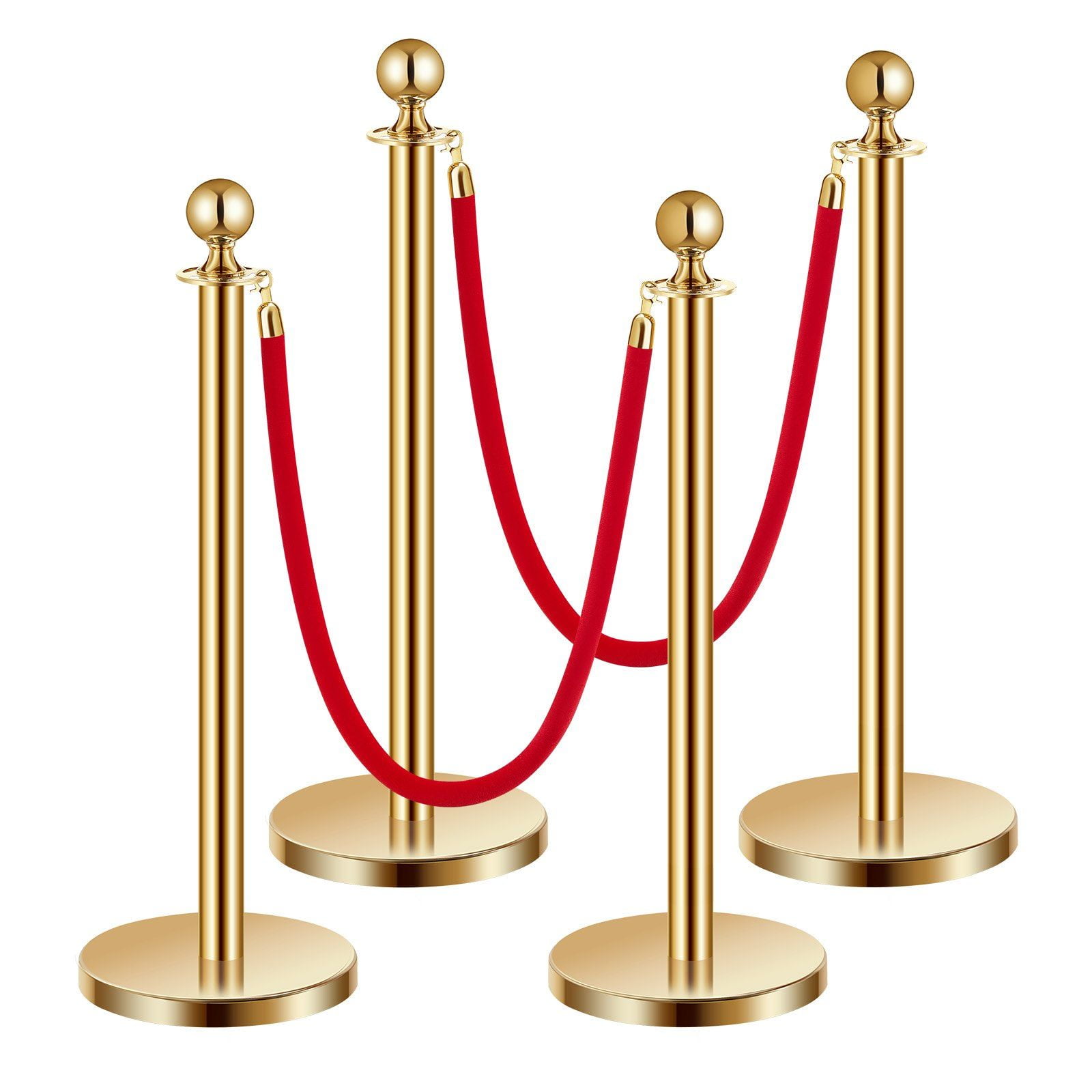 4-Piece Gold Stanchion Posts with Red Velvet Ropes, Hollow Base ...