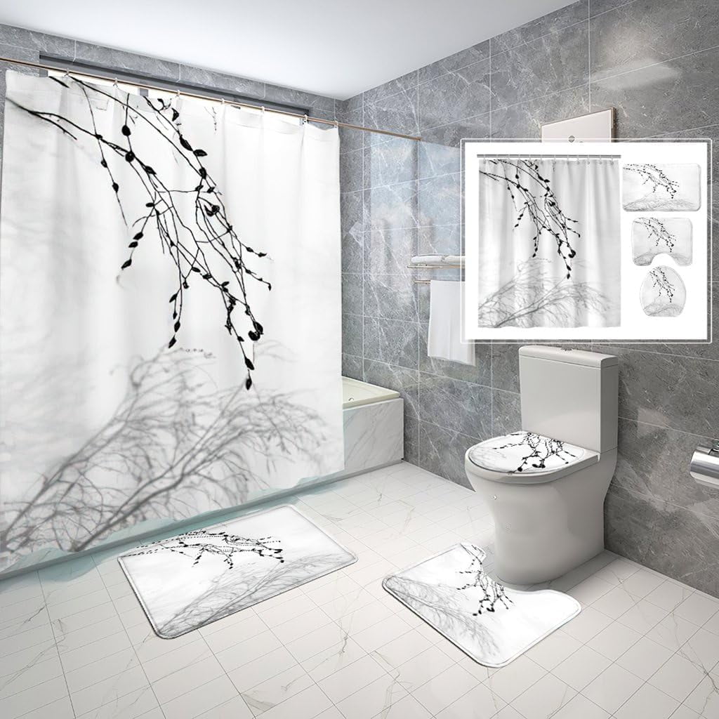 4 Piece Grey Branch Shower Curtain Set Abstract Tree Branches Shadows ...