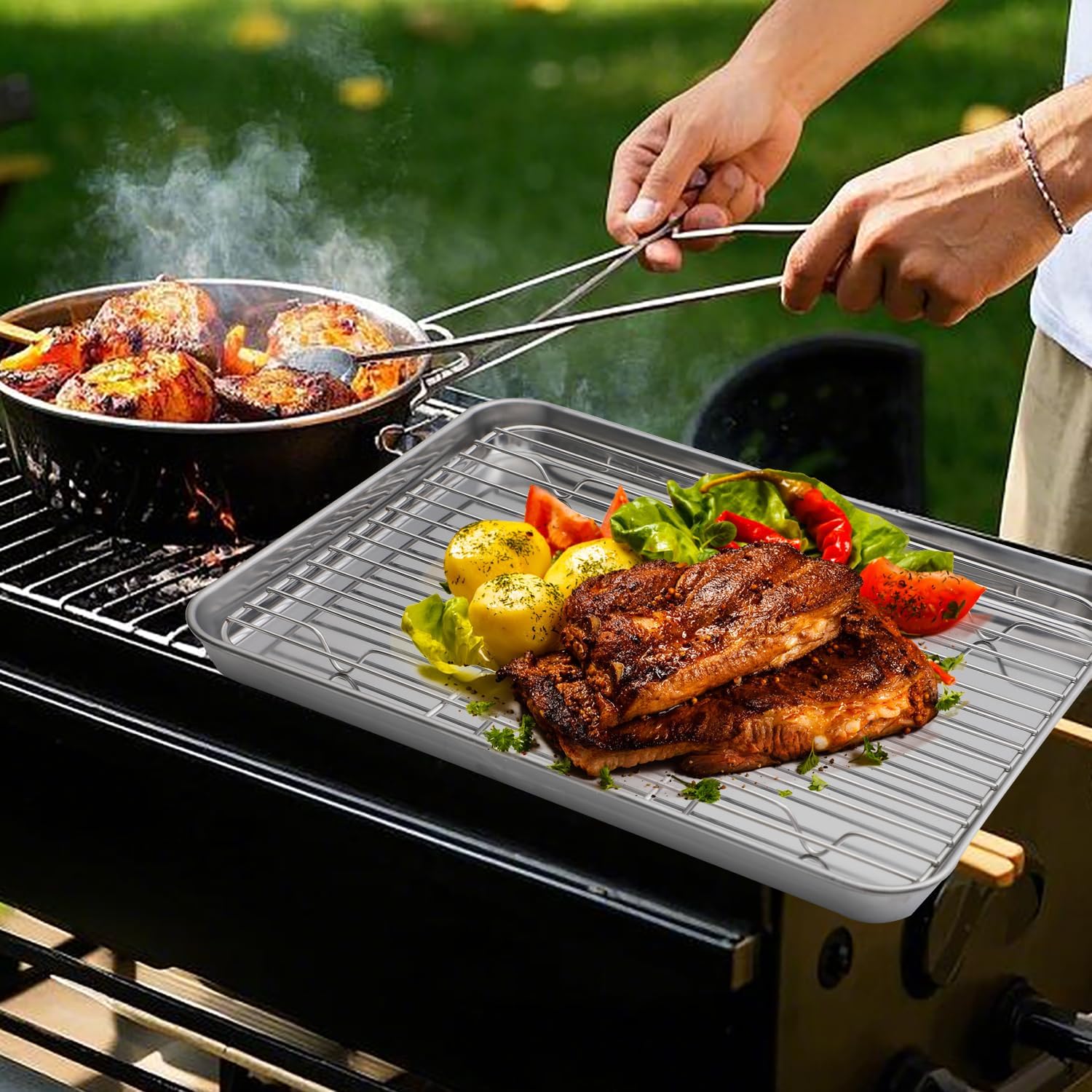 4-Piece Grilling Prep and Serve Trays, Stainless Steel Barbecue Grill ...