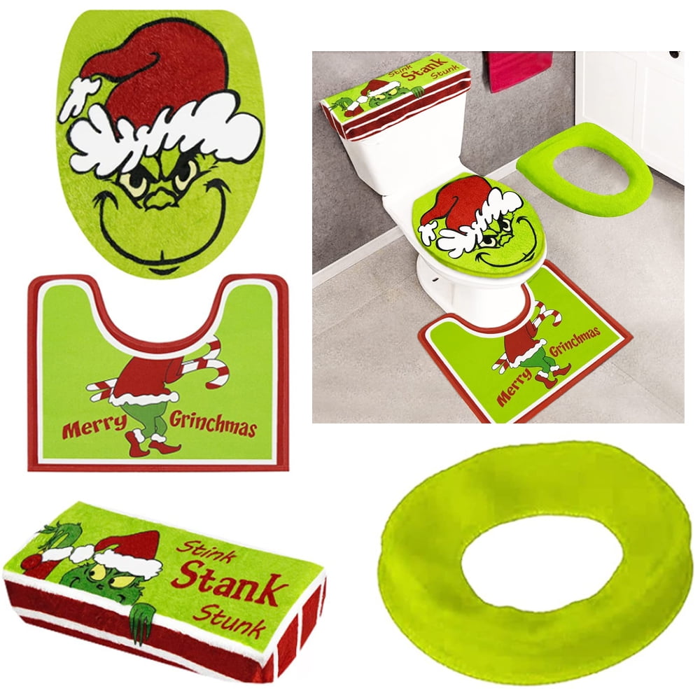 4-Piece Grinch Toilet Seat Cover and Rug Set Red Christmas Decorations ...
