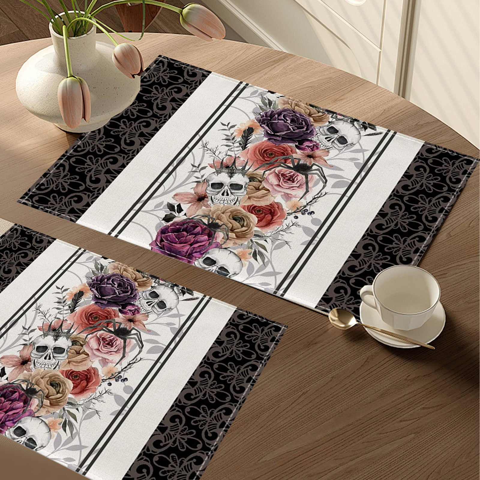 4-Piece Halloween Skeleton Rose Placemats Table Mat - Retro Style ...