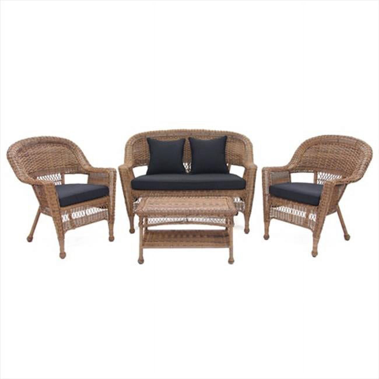 4 Piece Honey Wicker Conversation Set - Black Cushions - Walmart.com