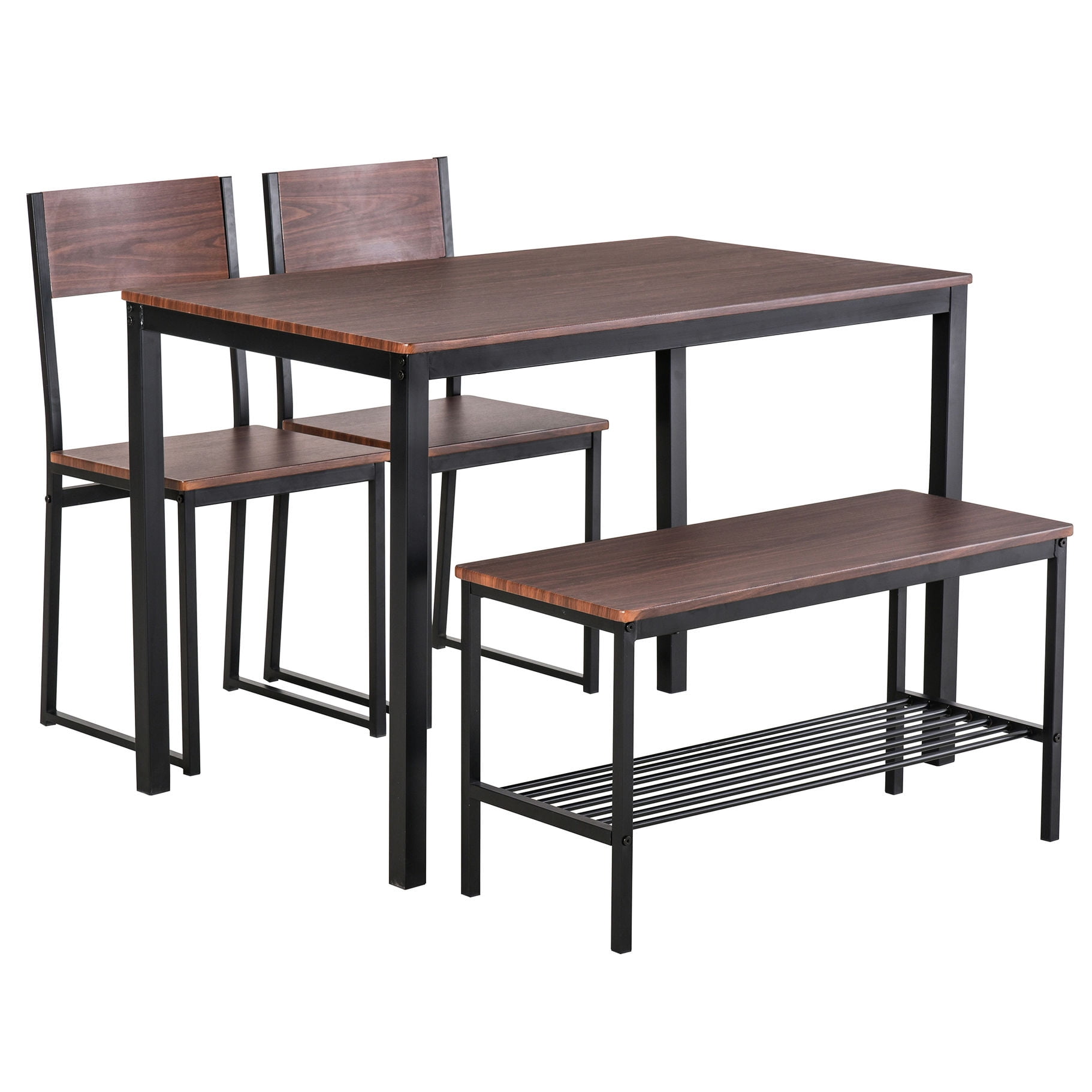 4-Piece Industrial Dining Room Table Set with Bench and Storage Rack ...