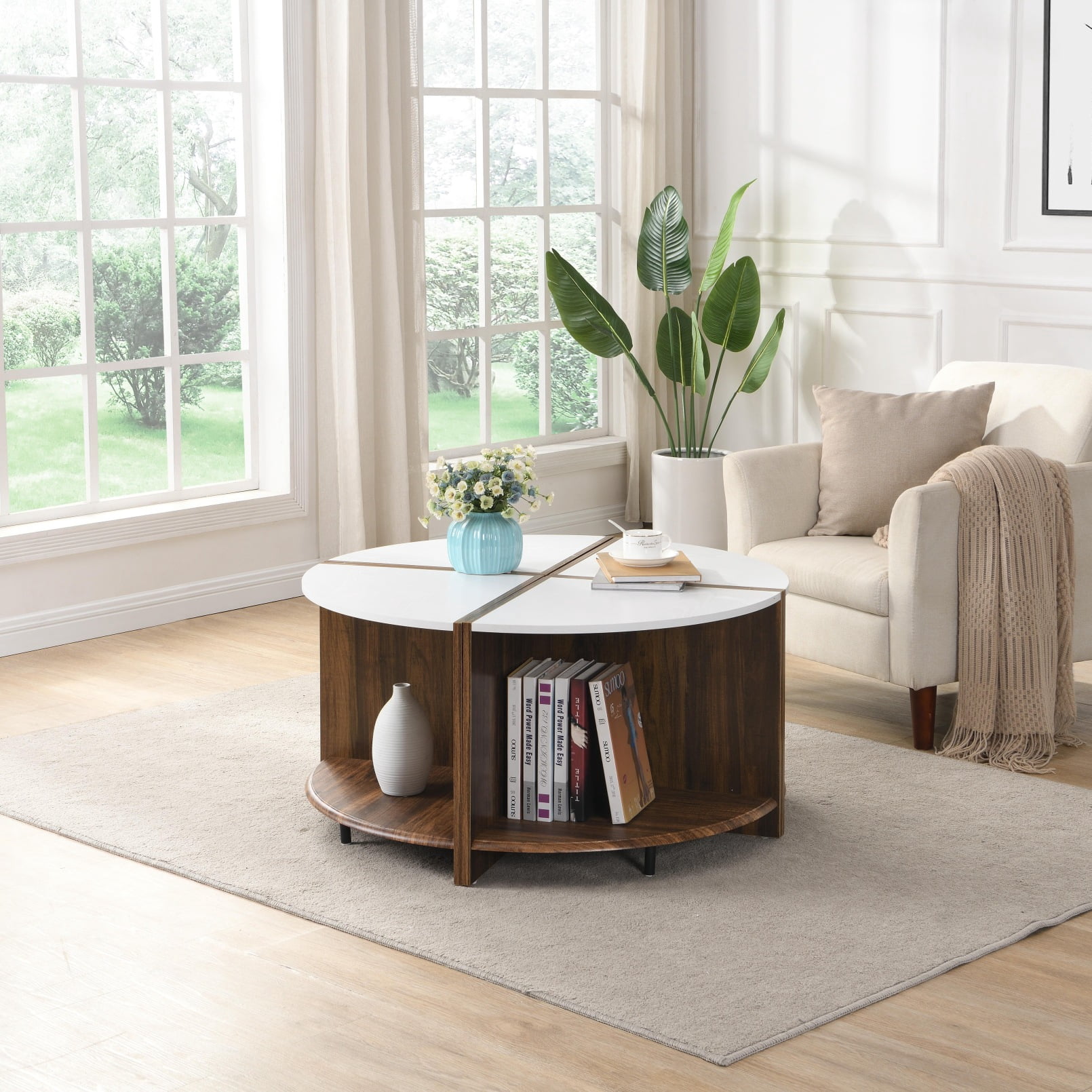 4 Piece of Industrial Round Coffee Table, 2-Tier Circle Coffee Table ...
