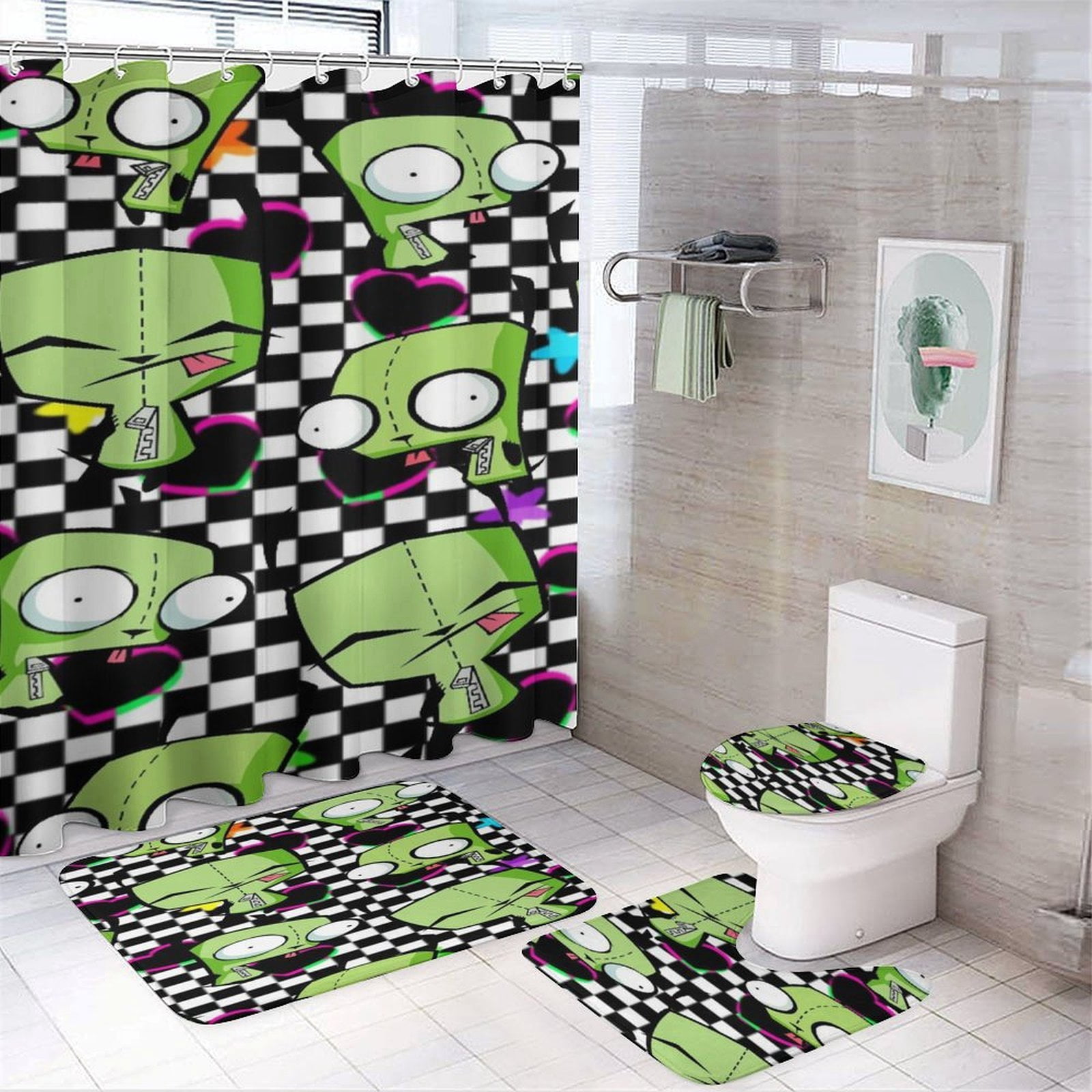4 Piece Inva-der Monster Z1m Gir Shower Curtain Sets with Rugs, Toilet ...