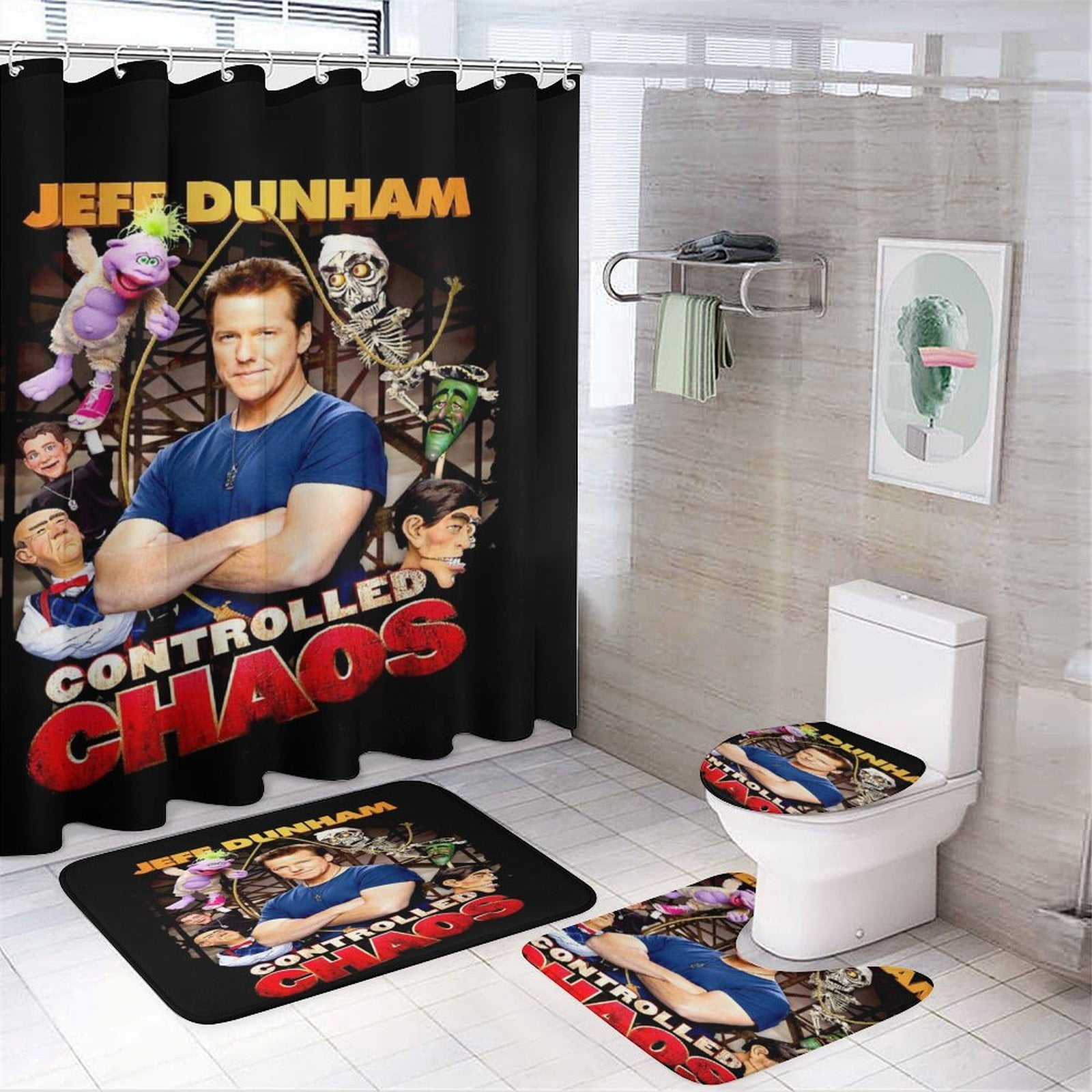 4 Piece Jeff Retro Dun-haw Shower Curtain Sets with Rugs, Toilet Lid ...