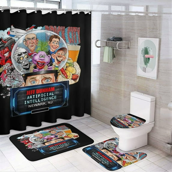 4 Piece Jeff Retro Dun-haw Shower Curtain Sets with Rugs, Toilet Lid ...