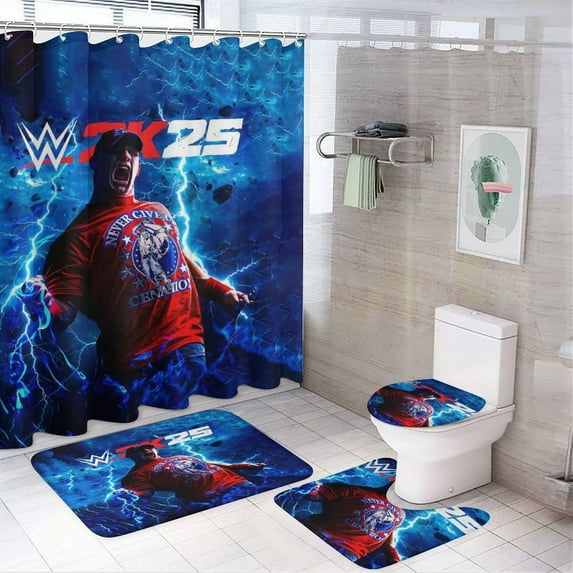 4 Piece John Wrestler Cena Shower Curtain Sets with Rugs, Toilet Lid ...