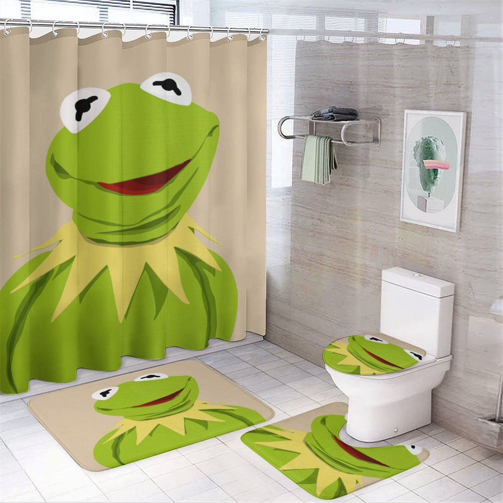 4 Piece Ke-Rmit The Fro Shower Curtain Sets, with 12 Hooks Non-Slip ...