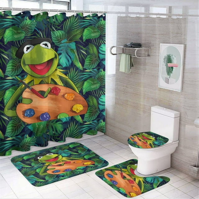 4 Piece Kermit The Frog Shower Curtain Sets, with 12 Hooks Non-Slip ...