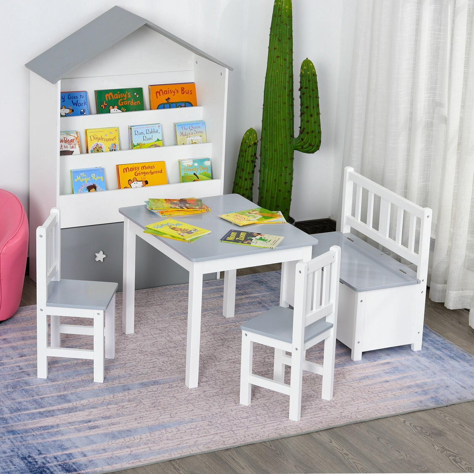 4-Piece Kids Table and Chair Wood Bench with Storage Feature Gift for ...