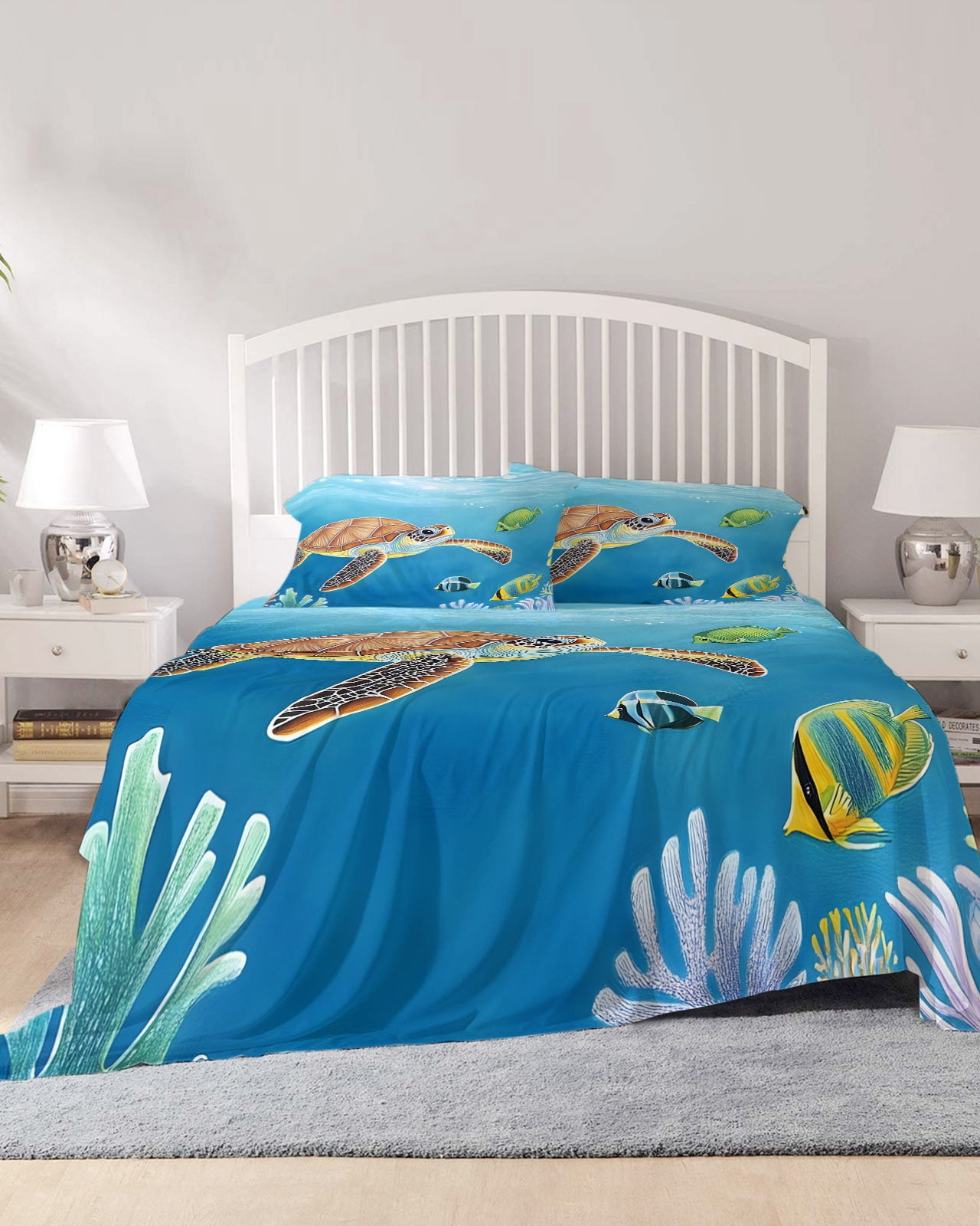 4 Piece King Sheet Set Sea Turtle Coastal Sheets Set for King Size Bed ...