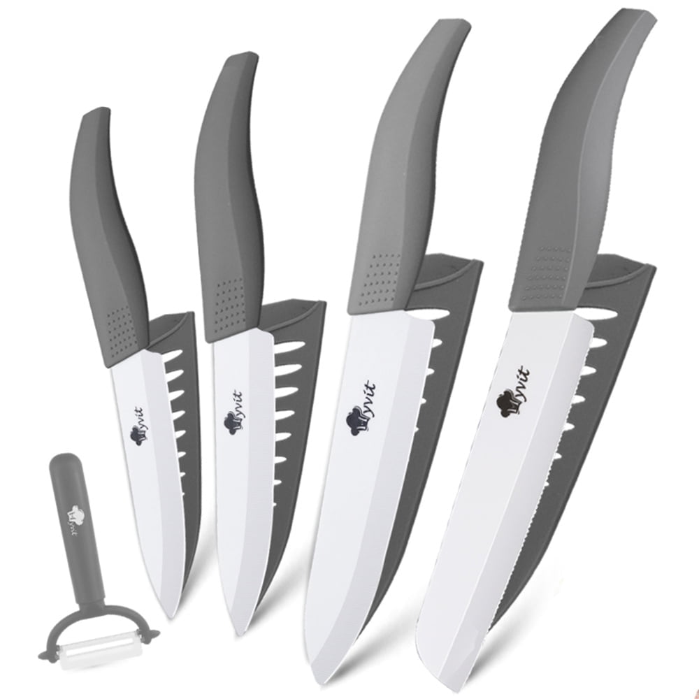 4-Piece Kitchen Knives with Peeler, Ceramic Blade Knife 6 Inch Serrated ...