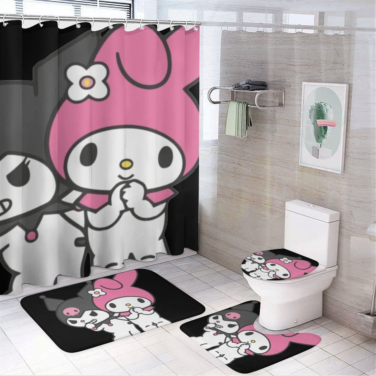 4 Piece Kuromi+My Melody Shower Curtain Set with Non-Slip Rugs, Toilet ...