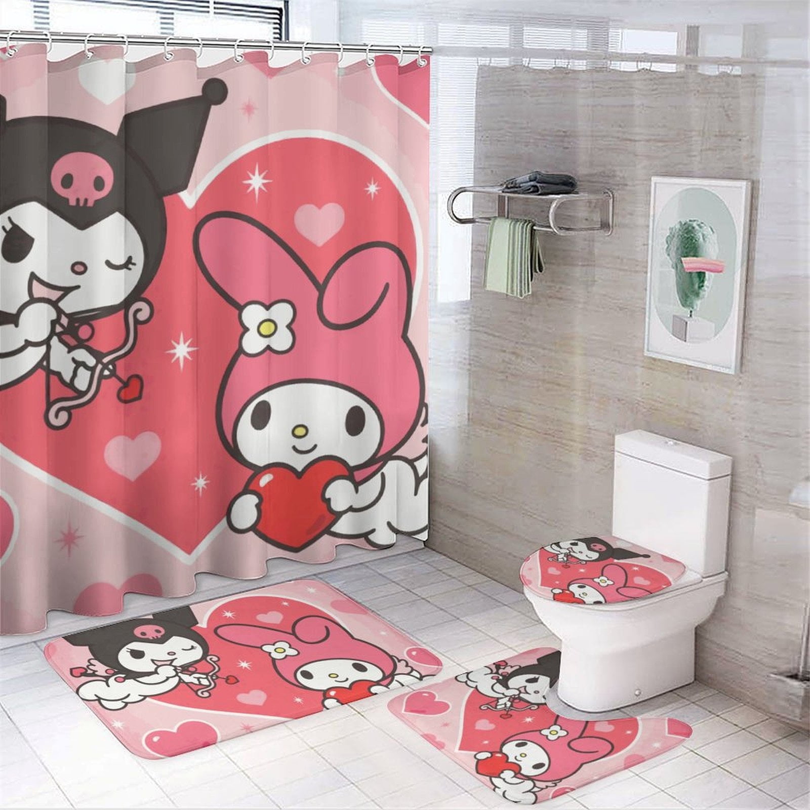 4 Piece Kuromi+My Melody Shower Curtain Set with Non-Slip Rugs, Toilet ...
