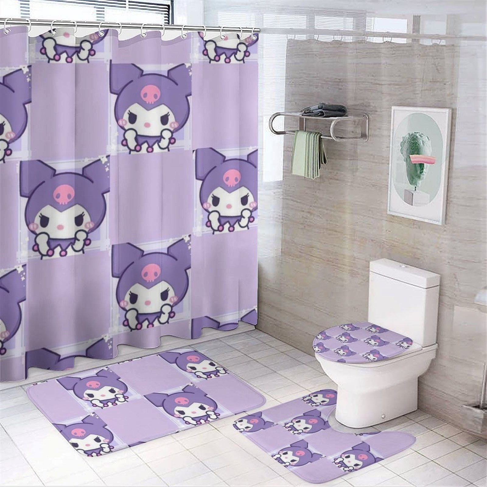 4 Piece Kuromi Shower Curtain Set with Non-Slip Rugs, Toilet Lid Cover ...