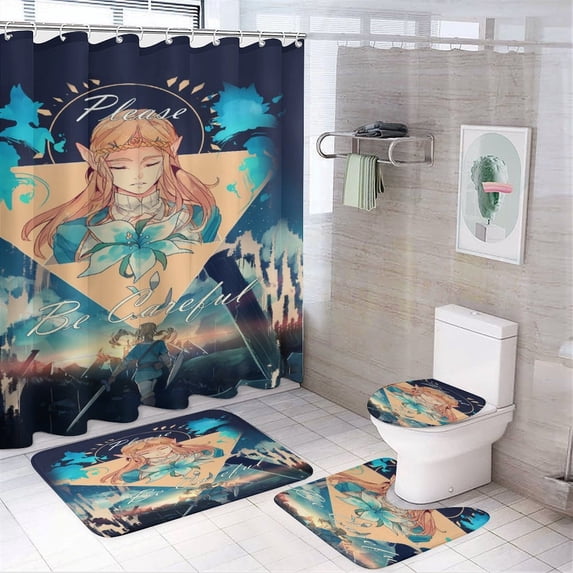 4 Piece Le-Gend 0f Zel-,Da0 Shower Curtain Sets with Rugs, Toilet Lid ...
