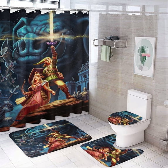 4 Piece Le-Gend 0f Zel-,Da0 Shower Curtain Sets with Rugs, Toilet Lid ...
