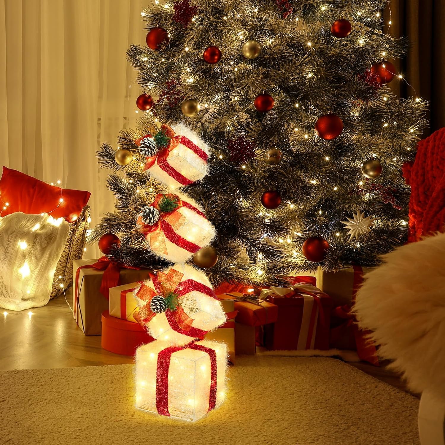 4-Piece Lighted Christmas Gift Box Set, 3.6ft Stackable Nesting Boxes ...