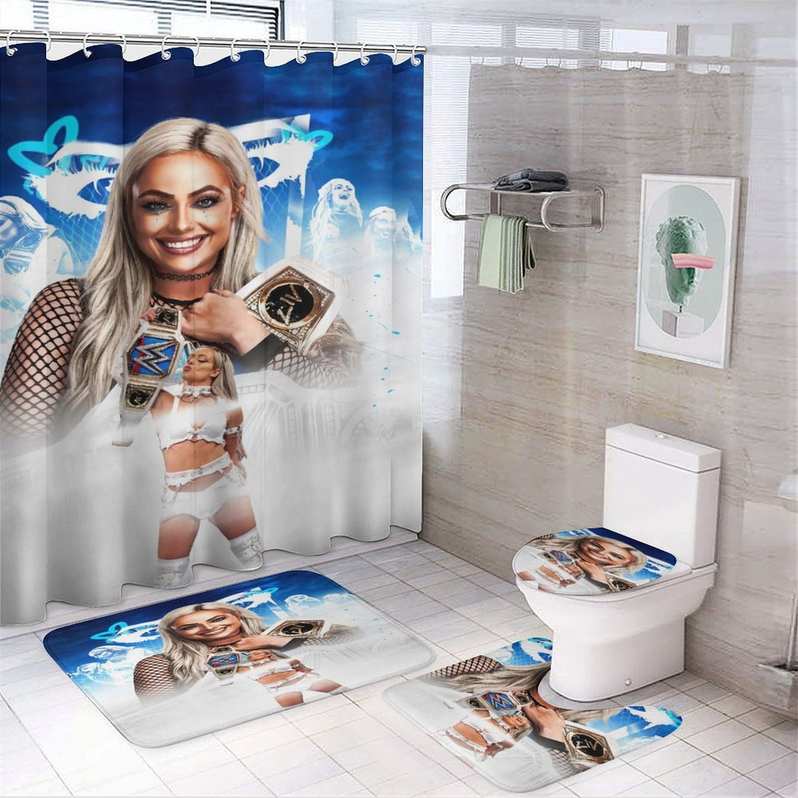 4 Piece Liv Wres-Tler Mor-,ga Shower Curtain Sets with Rugs, Toilet Lid ...