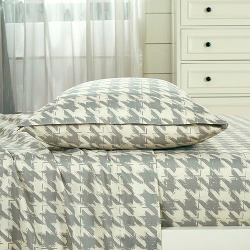 4-Piece Lodge Plaid Sheet Set King - Gray Houndstooth Printed Brushed ...