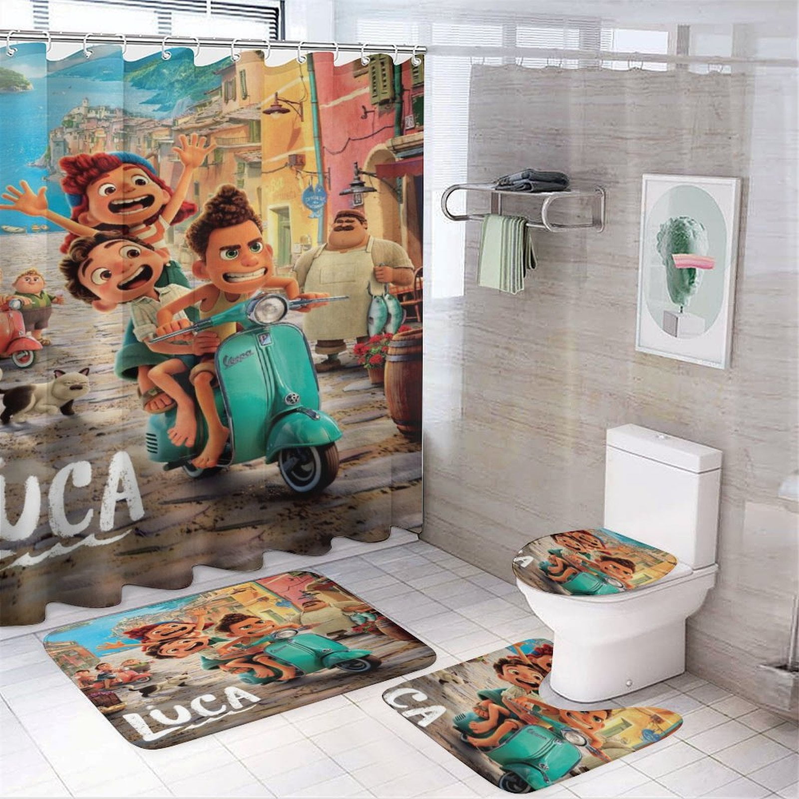 4 Piece Luc Shower Curtain Sets, with 12 Hooks Non-Slip Rugs Toilet Lid ...