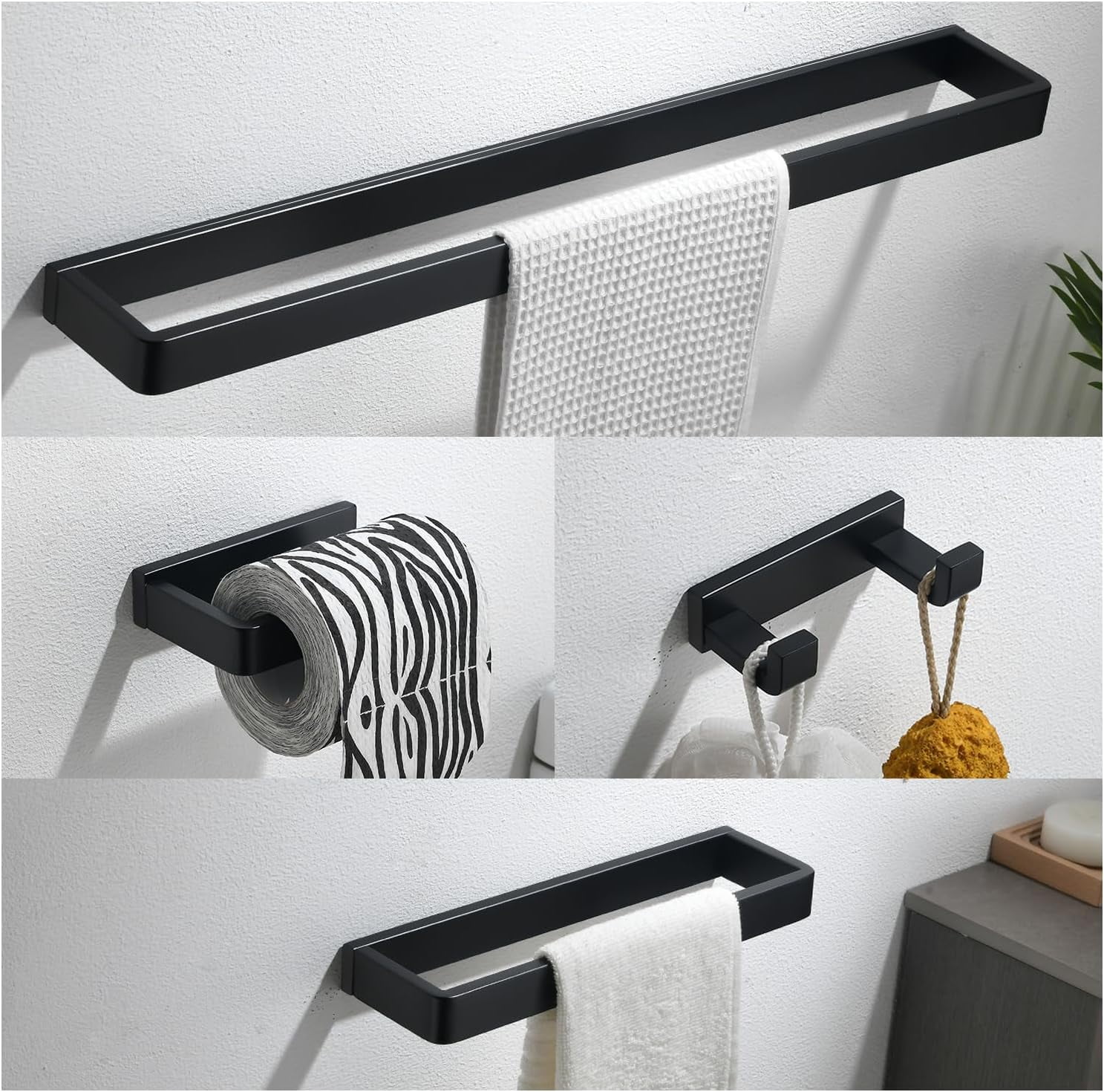 4-Piece Matte Black Bathroom Hardware Accessories Set, Bath Towel Bar ...