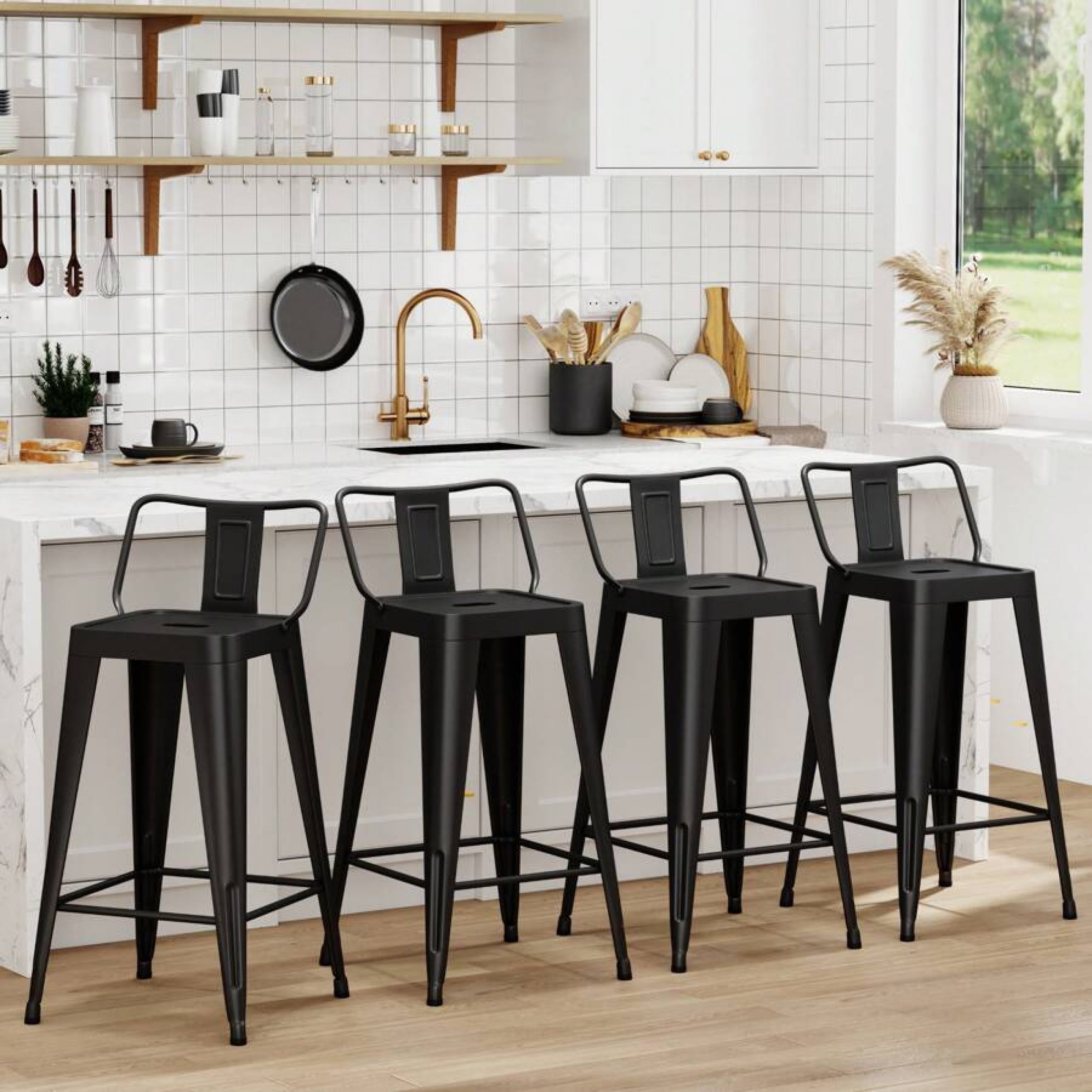 4-Piece Metal Counter Stools - Black Bar Stools with Removable Back for ...