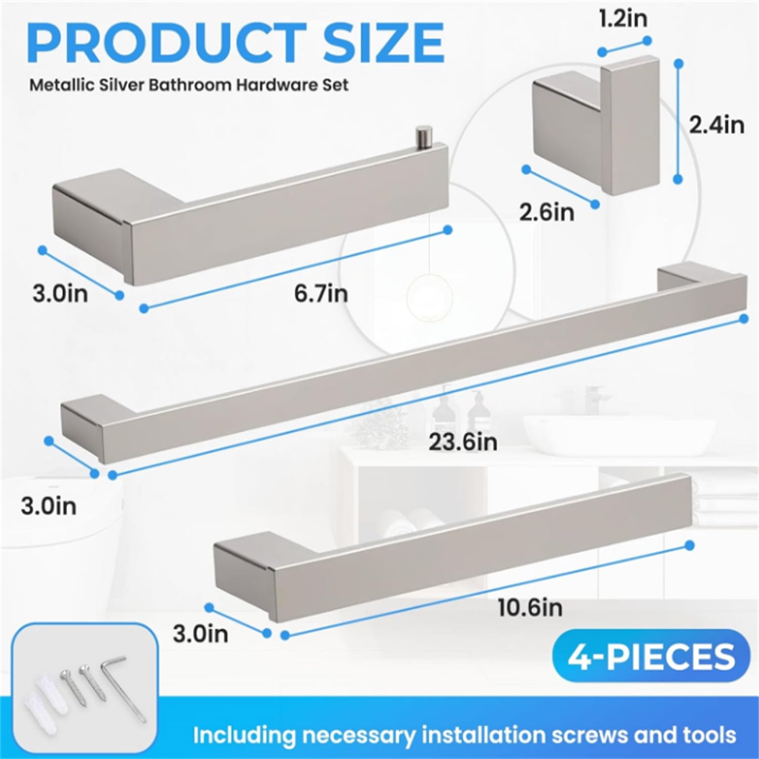 4-Piece Metallic Silver Bathroom Hardware Set, 24 Inch SUS304 Stainless ...