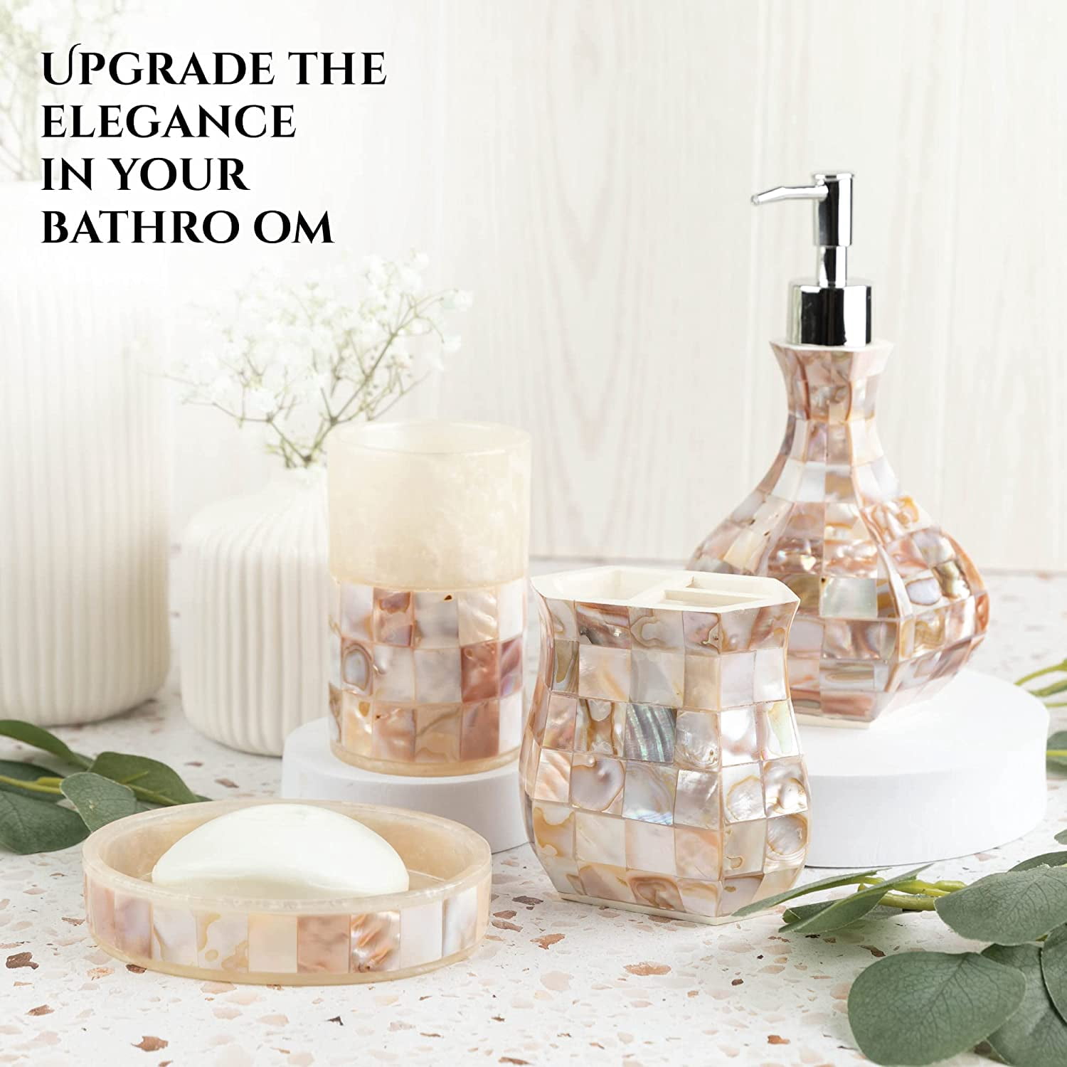 4-Piece Milano Bathroom Set - Natural Mother of Pearl Shells, Soap ...