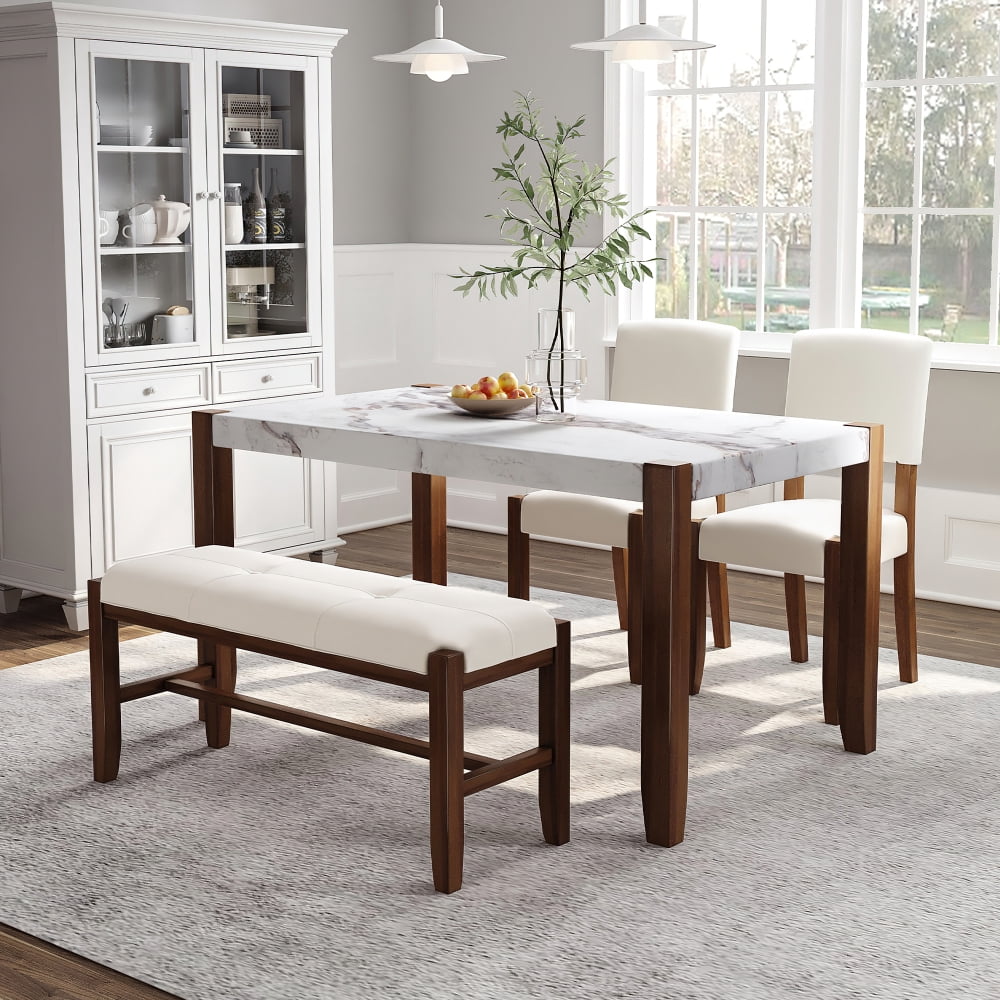 4-Piece Dining Set: Faux Marble Table, 2 Chairs & Bench - Kitchen ...