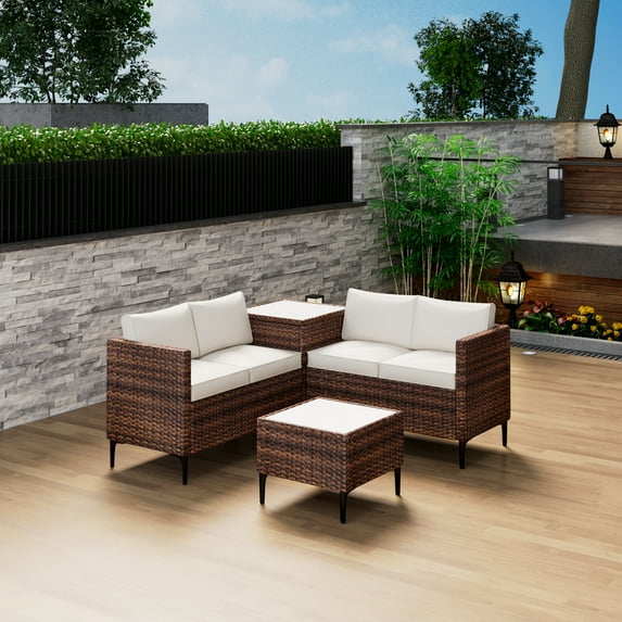 4-Piece Modular Patio Furniture Set with Storage Table, PE Rattan ...