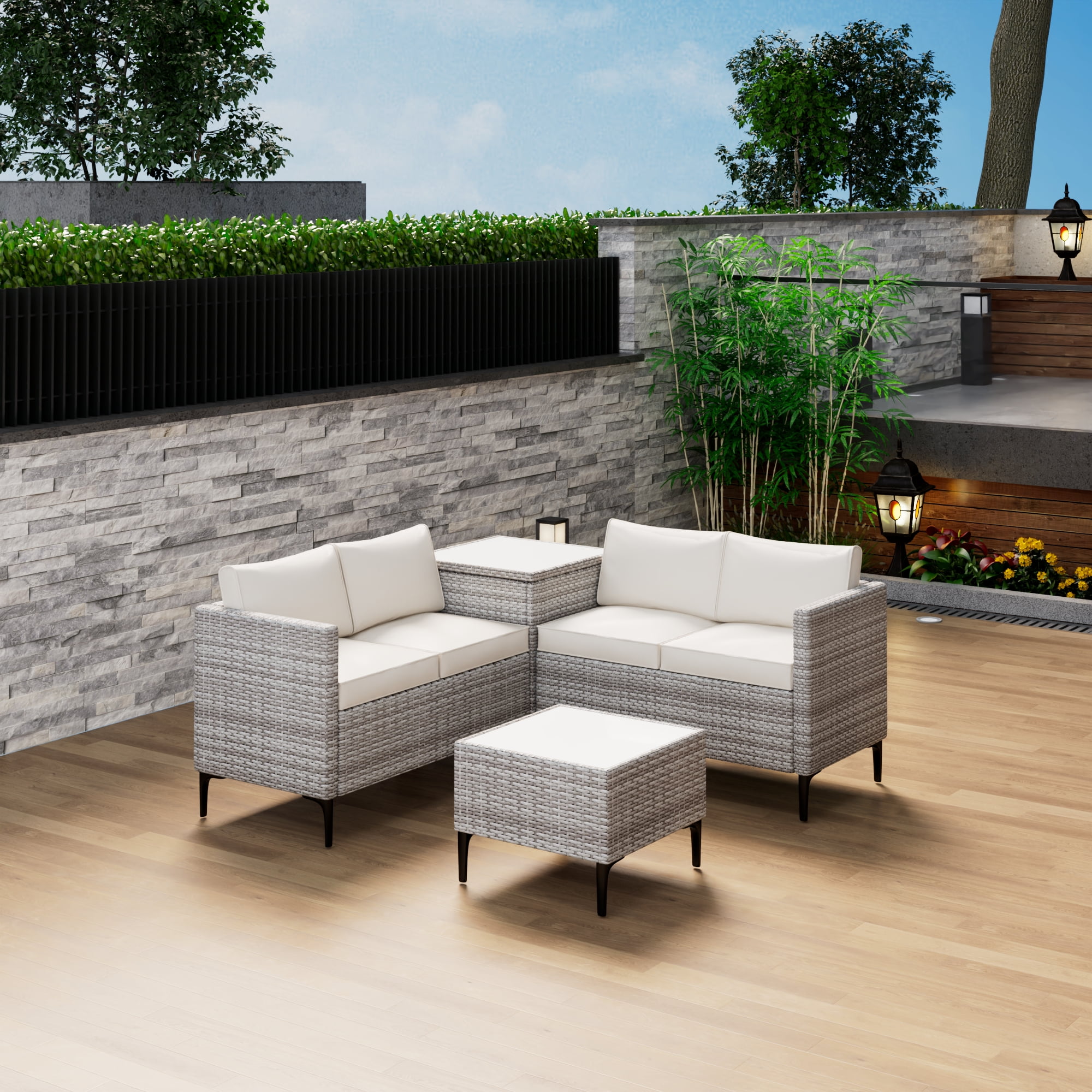 4-Piece Modular Patio Furniture Set with Storage Table, PE Rattan ...