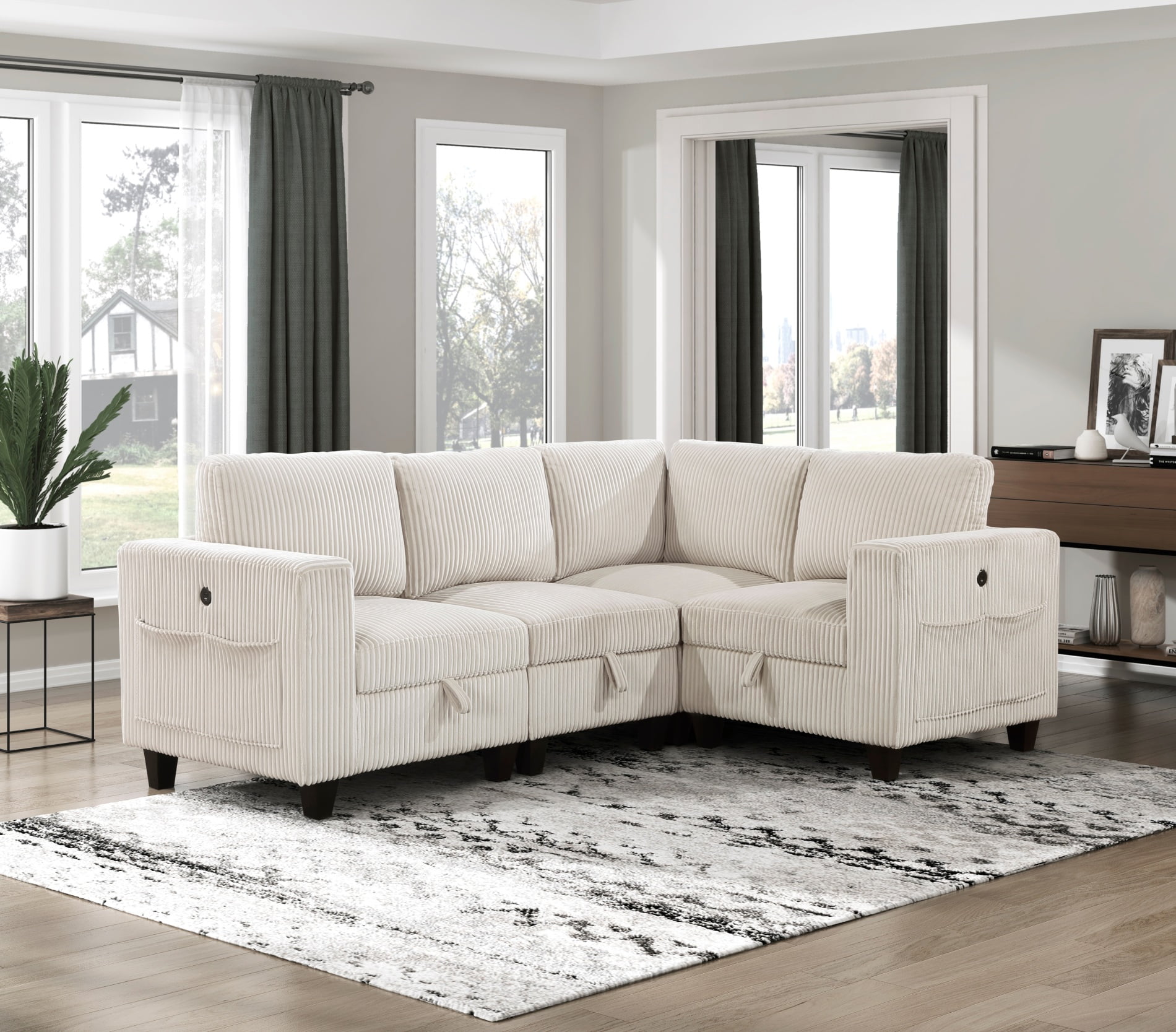 4 Piece Modular Sectional Sofa with Storage Sepace, Corduroy Fabric ...