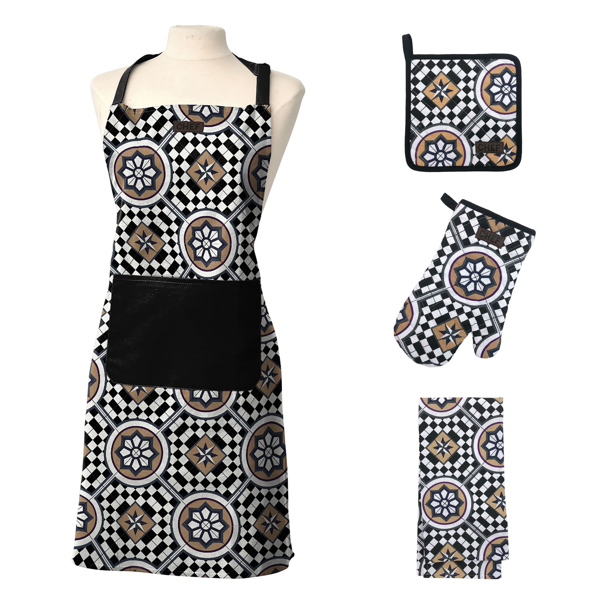 4-Piece Mosaic Kitchen Set: Black Apron, Oven Mitt, Towel and Pot ...