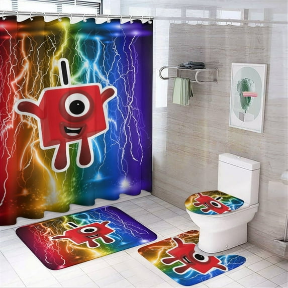 4 Piece Number Cartoon Show Block Shower Curtain Sets with Rugs, Toilet ...
