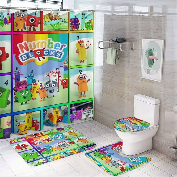 4 Piece Number Cartoon Show Block Shower Curtain Sets with Rugs, Toilet ...