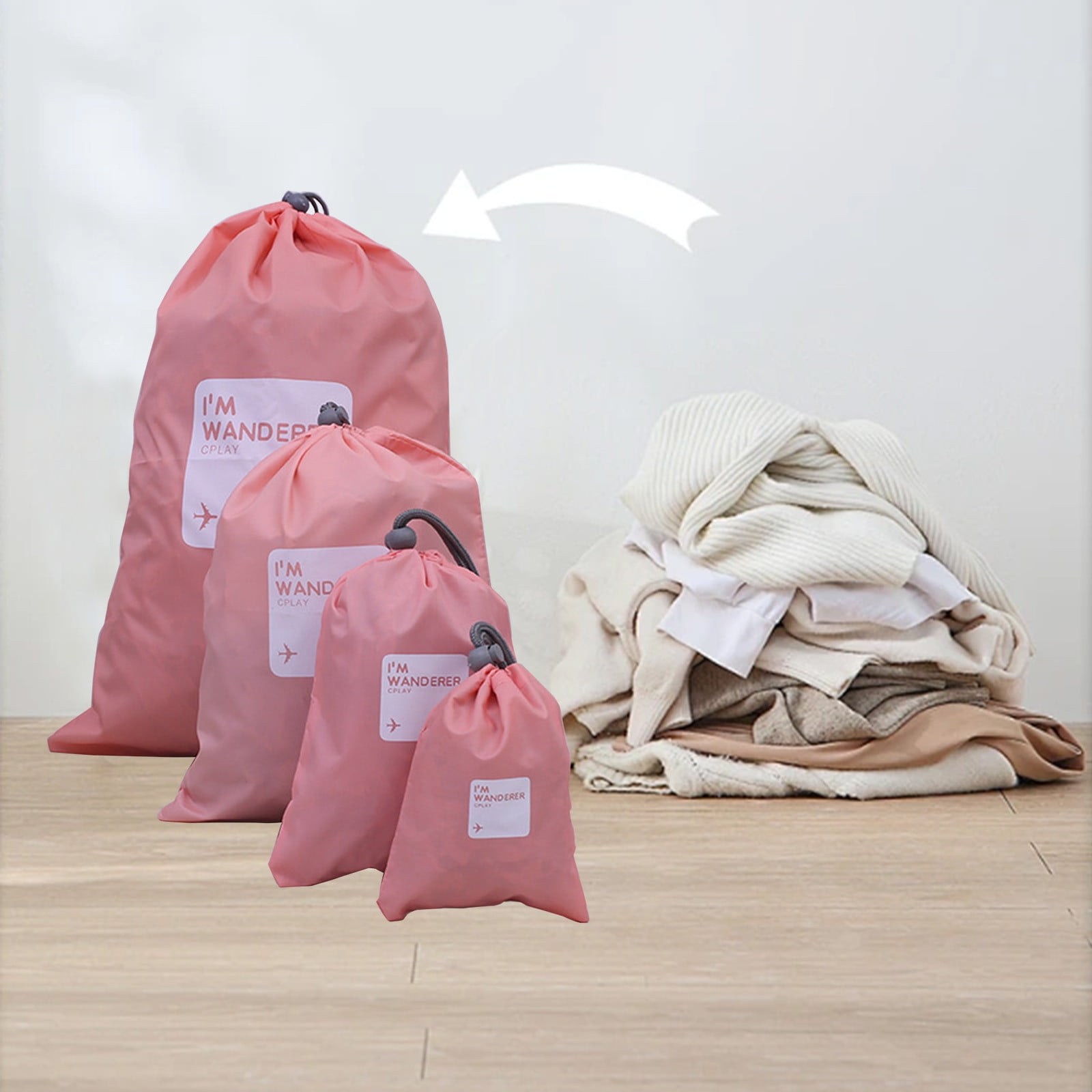 4-Piece Nylon Travel Drawstring Bag Set, Various Sizes for Luggage Organization, Coffee Pink ...