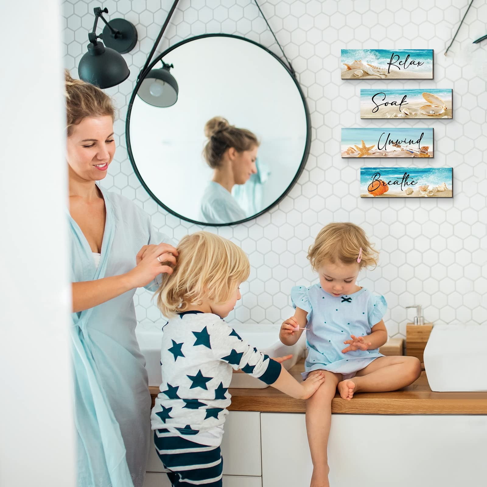 4 Piece Ocean Shell Bathroom Wall Hanging, Wood Decor With Triangle ...