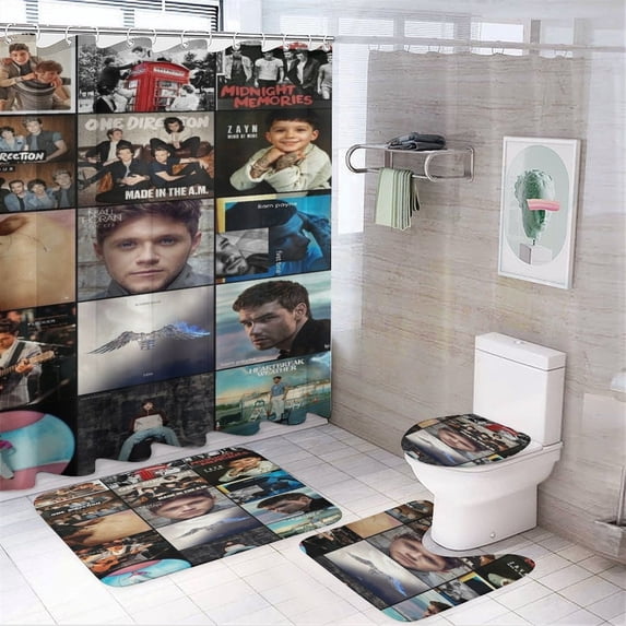 4 Piece One Direc-,Ti0n Shower Curtain Sets with Rugs, Toilet Lid Cover ...