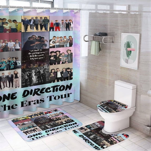 4 Piece One Direc-,Ti0n Shower Curtain Sets with Rugs, Toilet Lid Cover ...