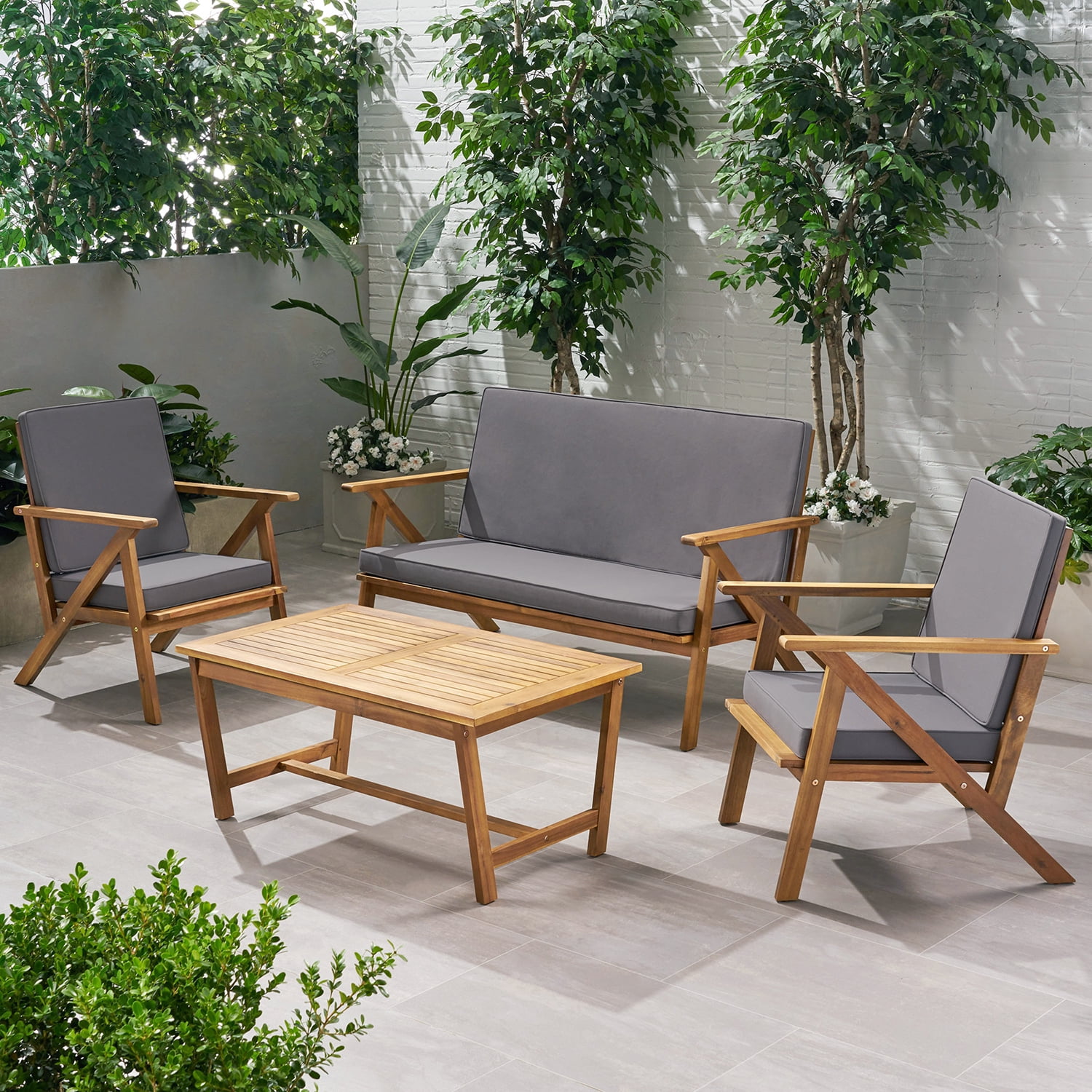 4 Piece Outdoor Acacia Wood Sofa Set with Water Resistant Cushions ...