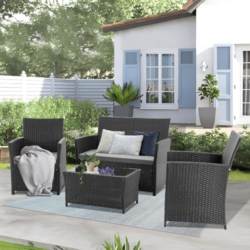 4 Piece Outdoor Furniture Set, Patio Wicker Sectional Sofa with ...