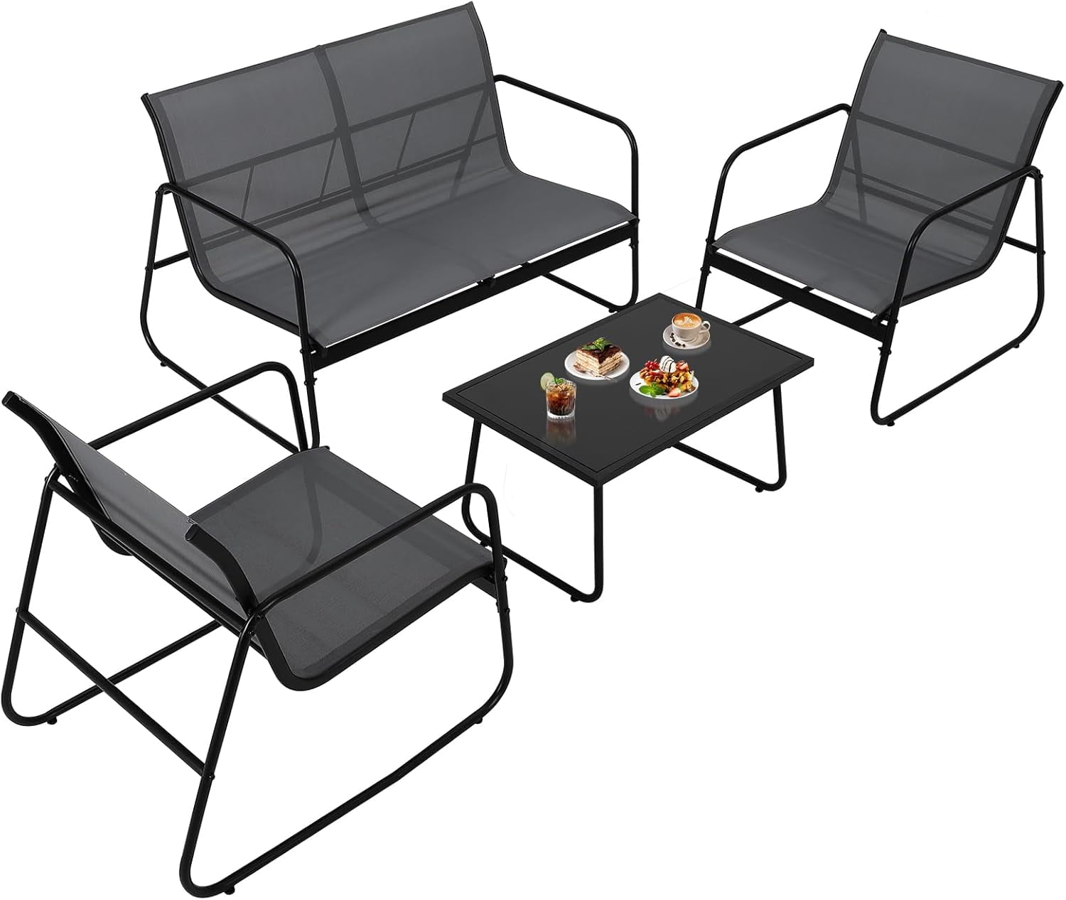 4 Piece Outdoor Patio Conversation Set, 2 Chairs, 1 Love Seat and Glass ...