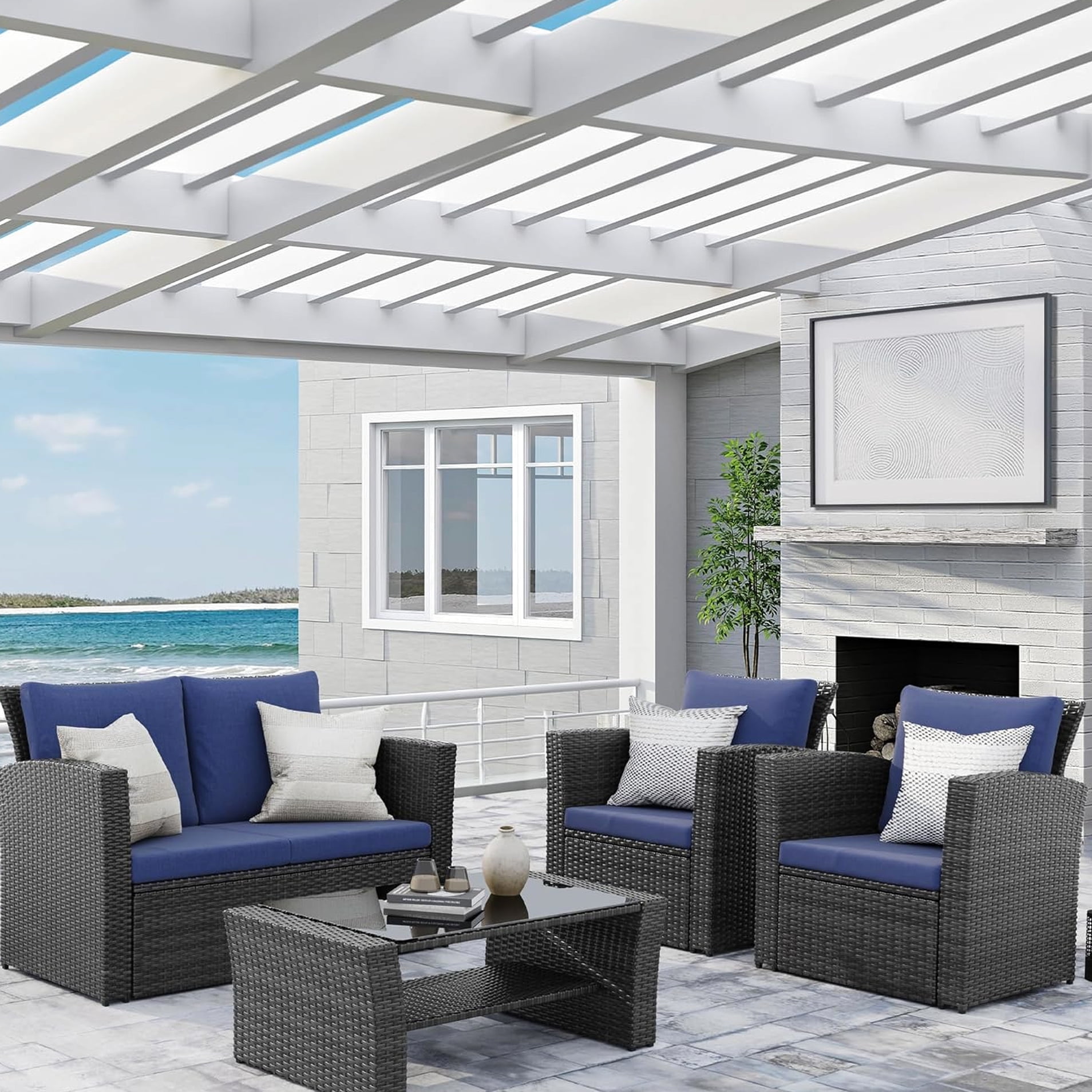 4 Piece Outdoor Patio Furniture - Blue With Tempered Glass Table ...